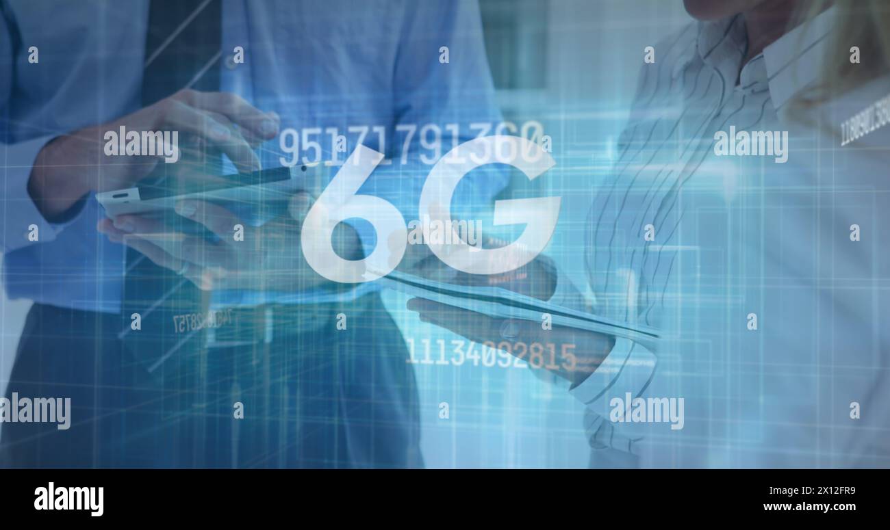 Image of changing numbers and 6g over hands of caucasian businesspeople ...