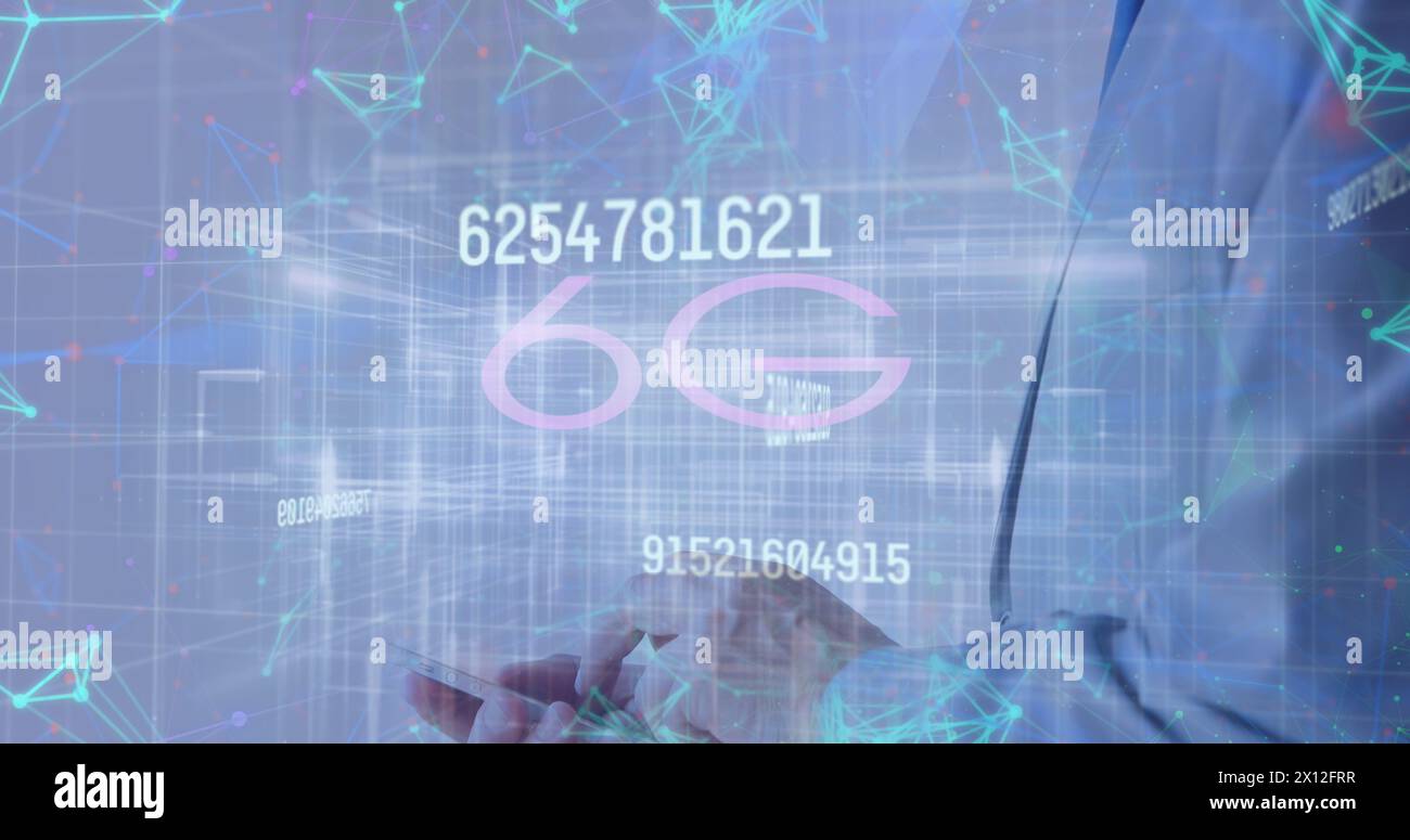Image of 6g and numbers over hands of caucasian businessman using ...