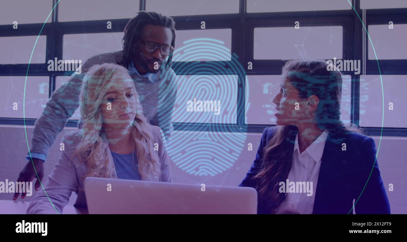 Image of connections and fingerprint over diverse female and male ...