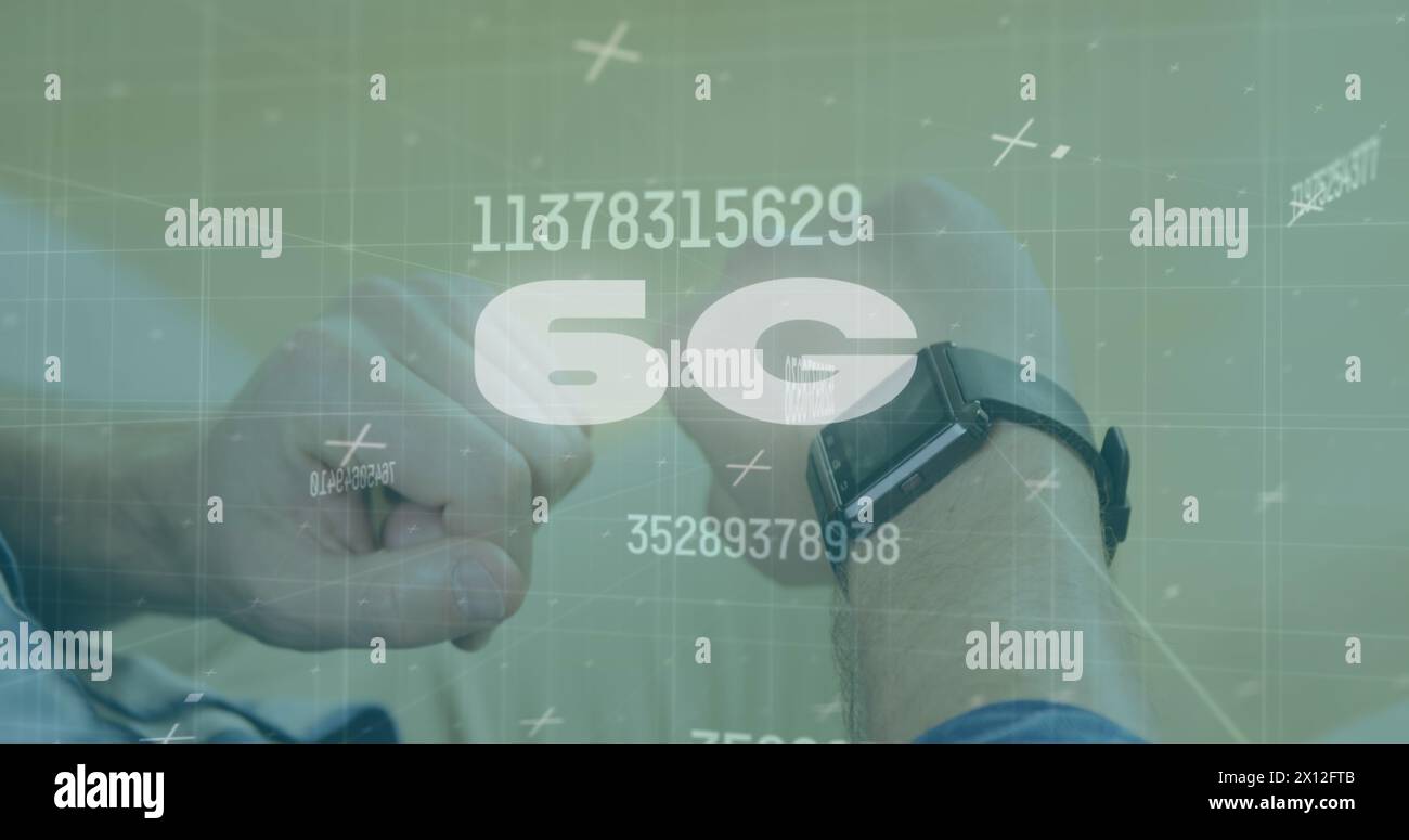 Image of 6g and numbers over hands of caucasian man using smartwatch ...