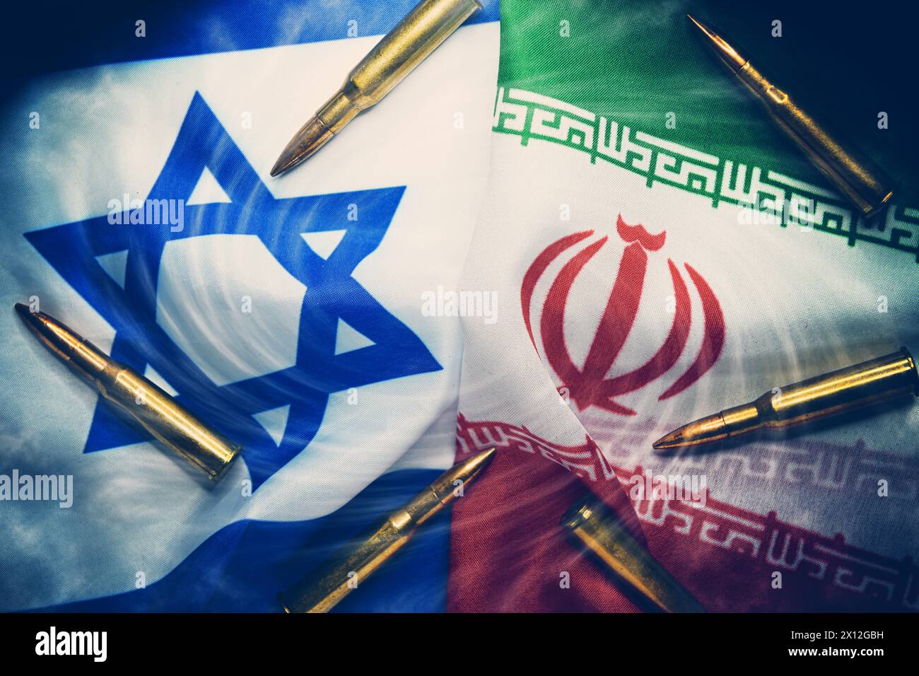 Ammunition on flags of Israel and Iran, Middle East conflict Stock ...