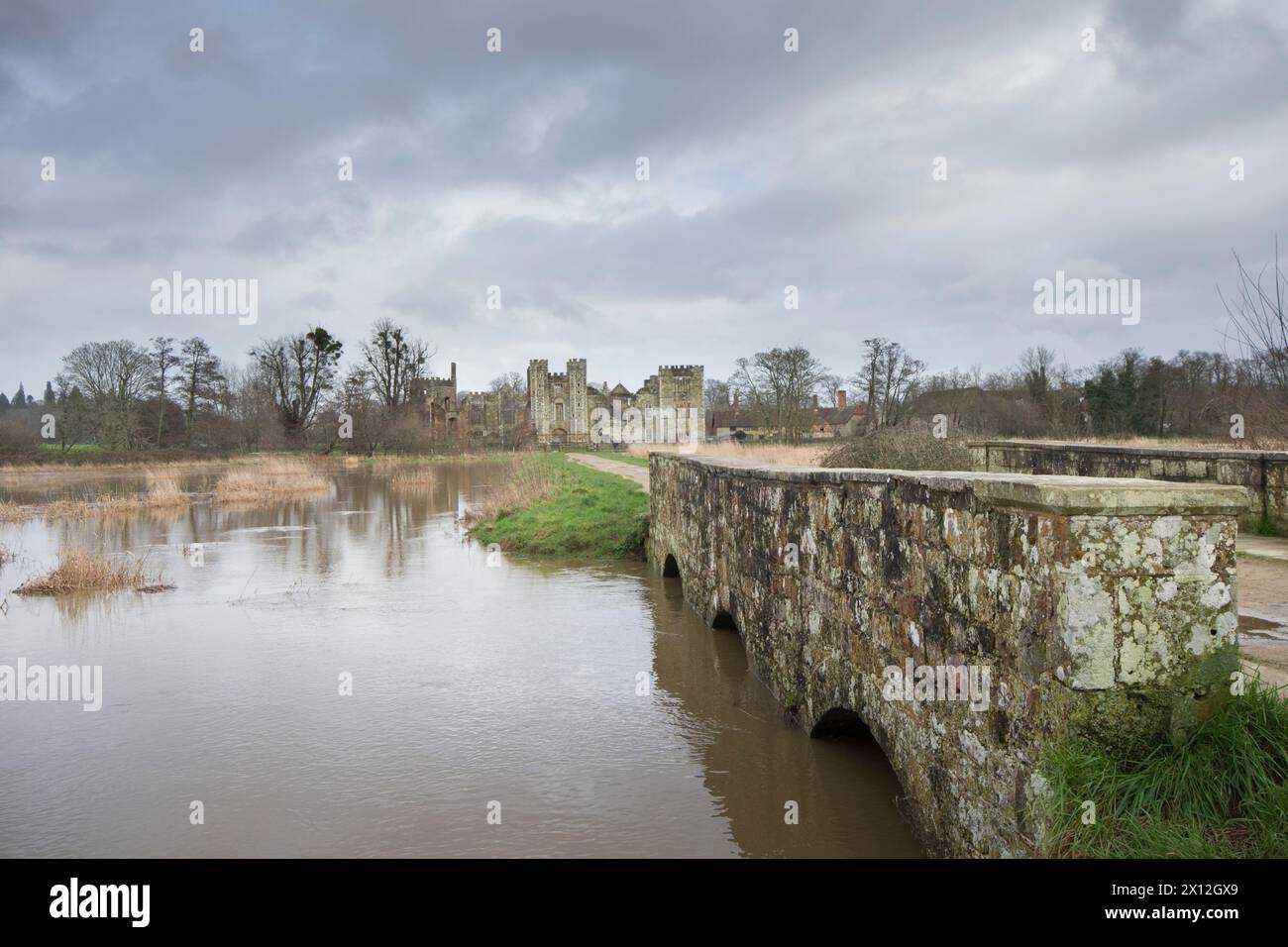 Cowdray ruins, flooded fields beside bridge on causeway, River Rother ...