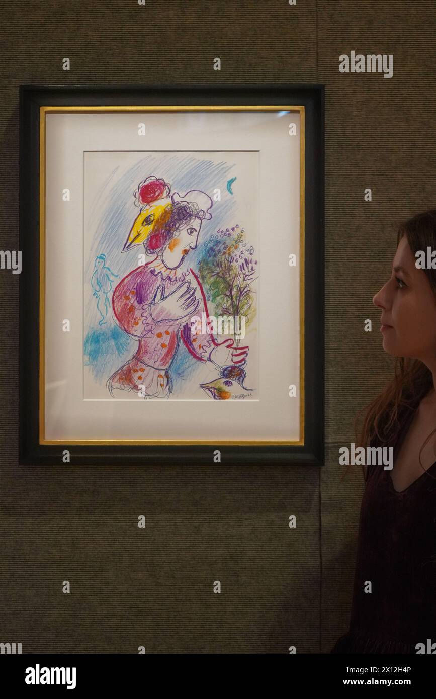 London 15 April 2024 . Mark Chagall (1887-1985) Clown-coq á la branche ...