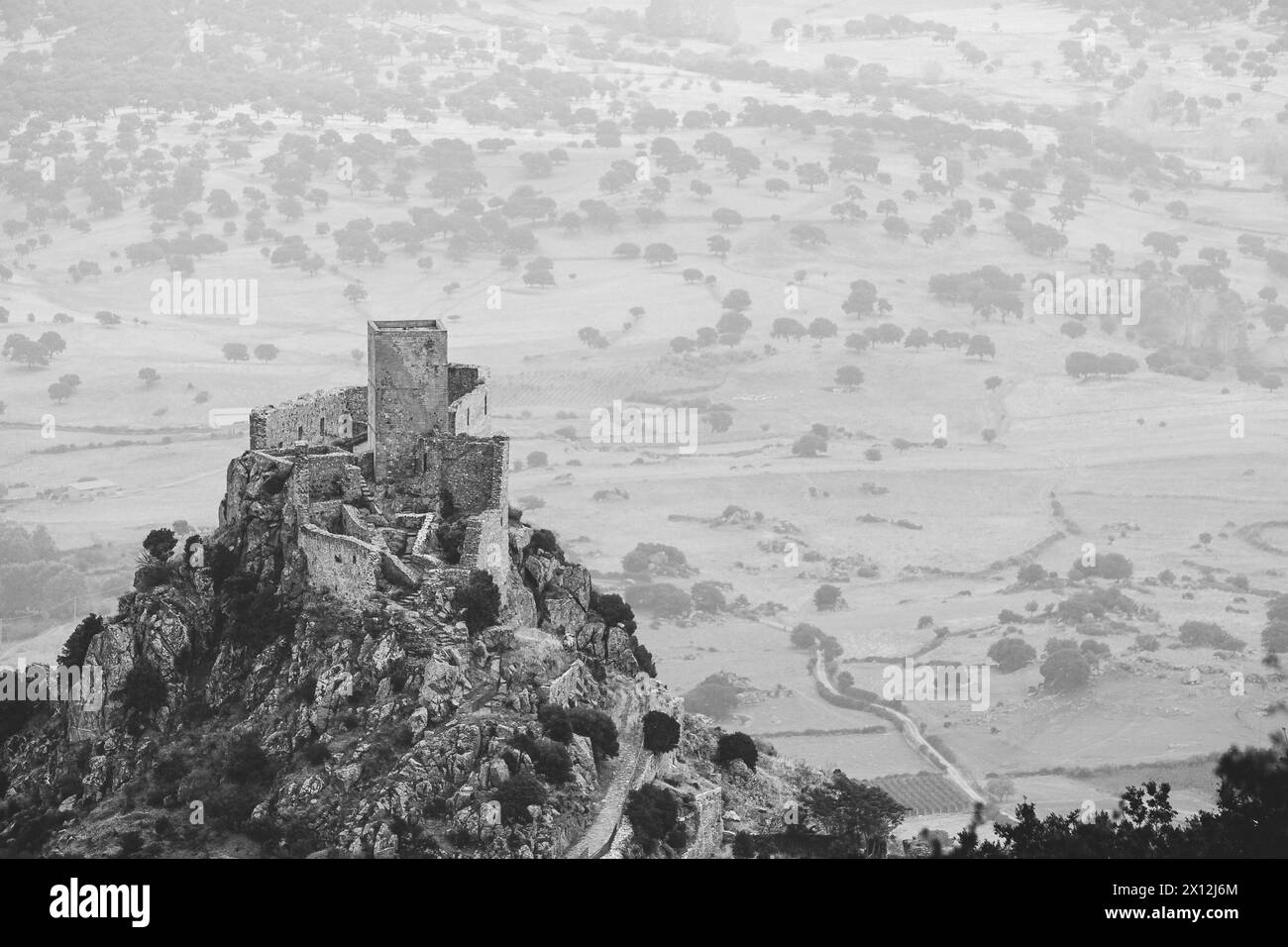 Elevated view of the ancient town of Burgos in Sardinia - Italy; in the ...