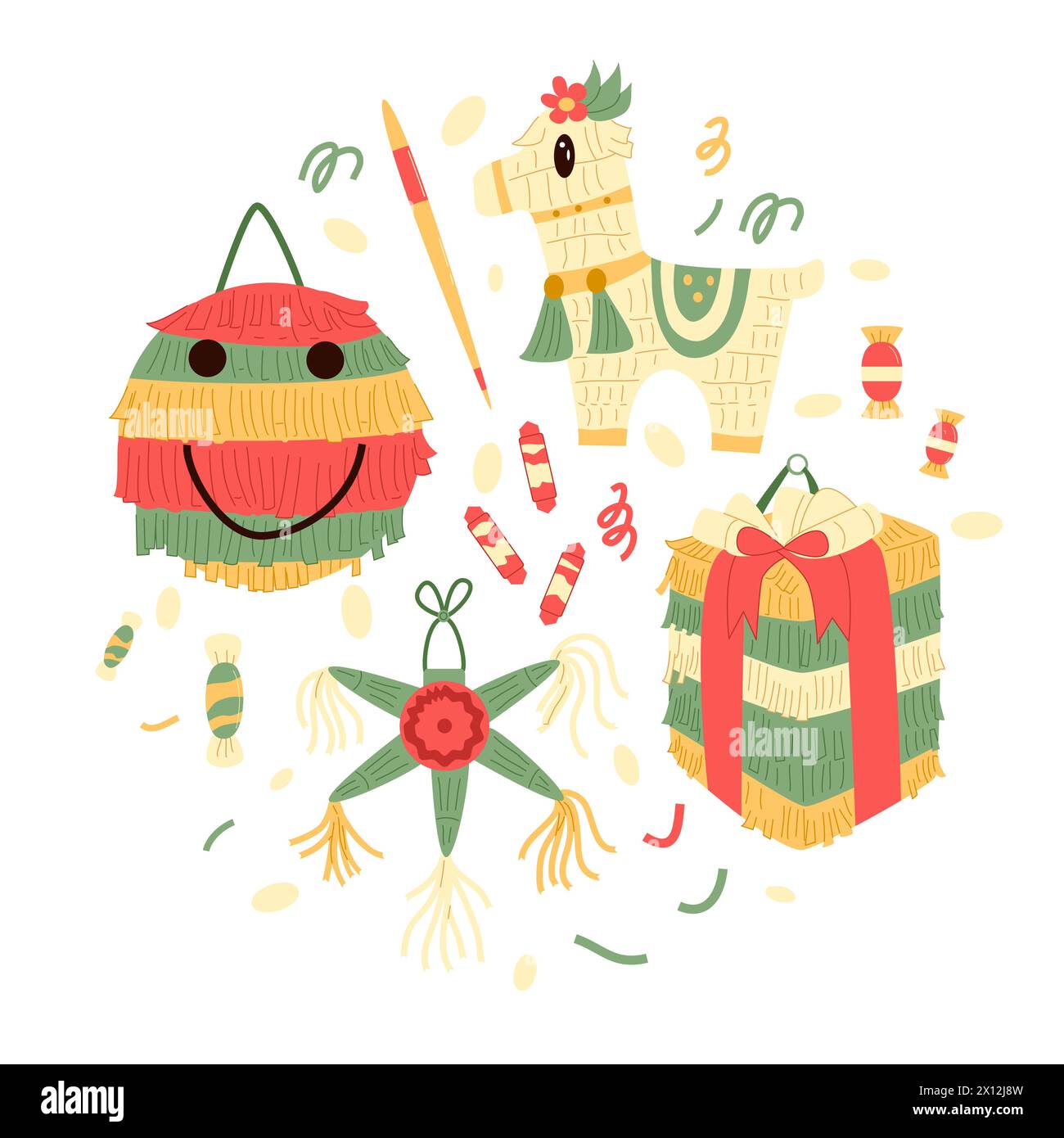 Pinata set circle emblem for traditional mexican party. Carnival and ...