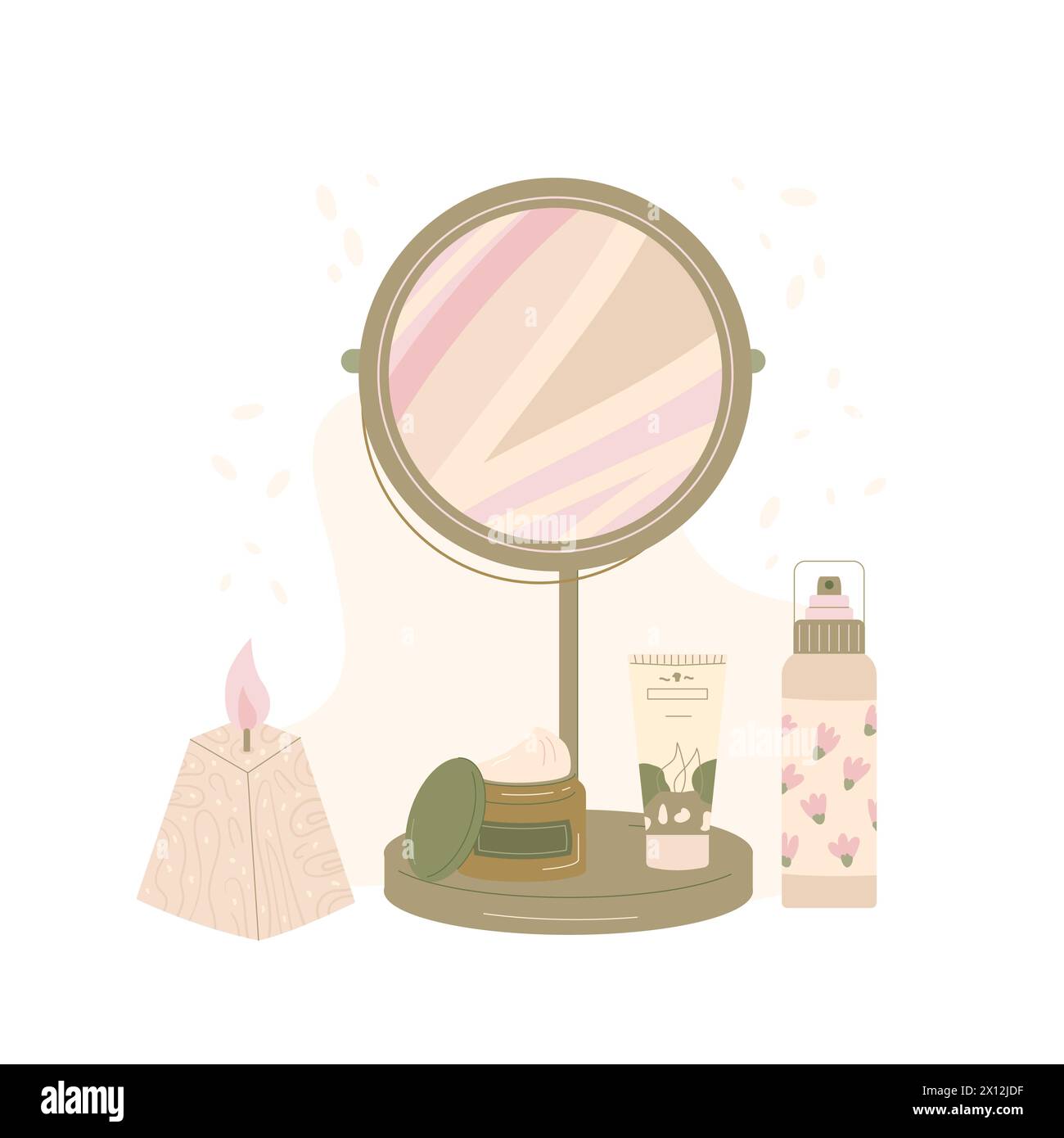 Skincare cosmetics daily routine products set. Makeup mirror and ...