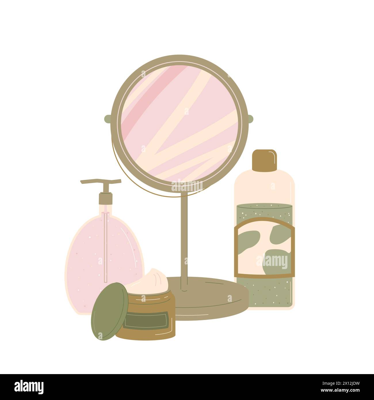 Skincare cosmetics daily routine products set. Mirror and cleansing and ...