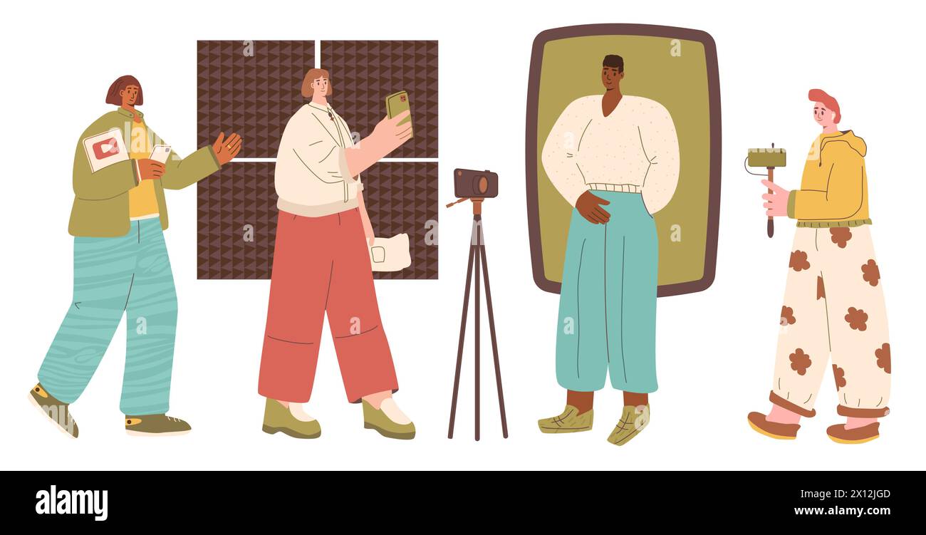 Blogger character. Modern young woman with camera isolated on white ...