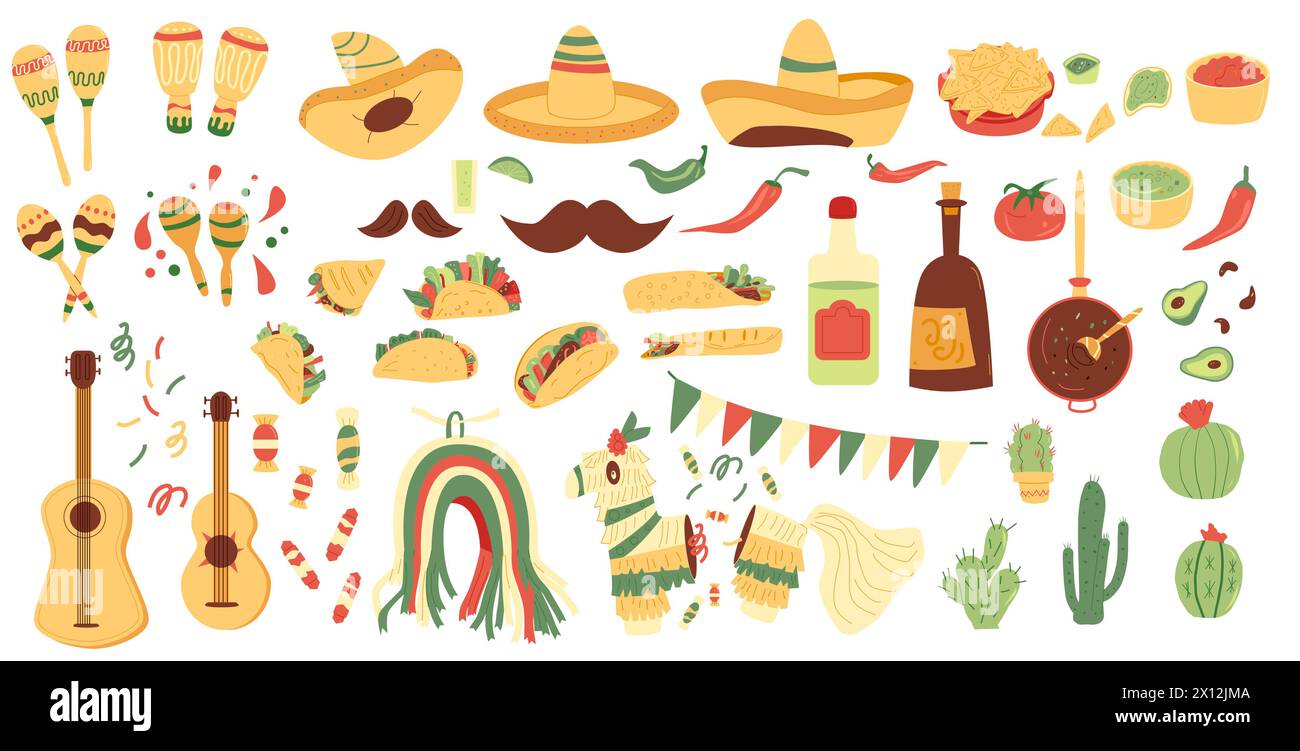 Mexican set. Cinco de Mayo collection elements. Hand drawn pinata ...