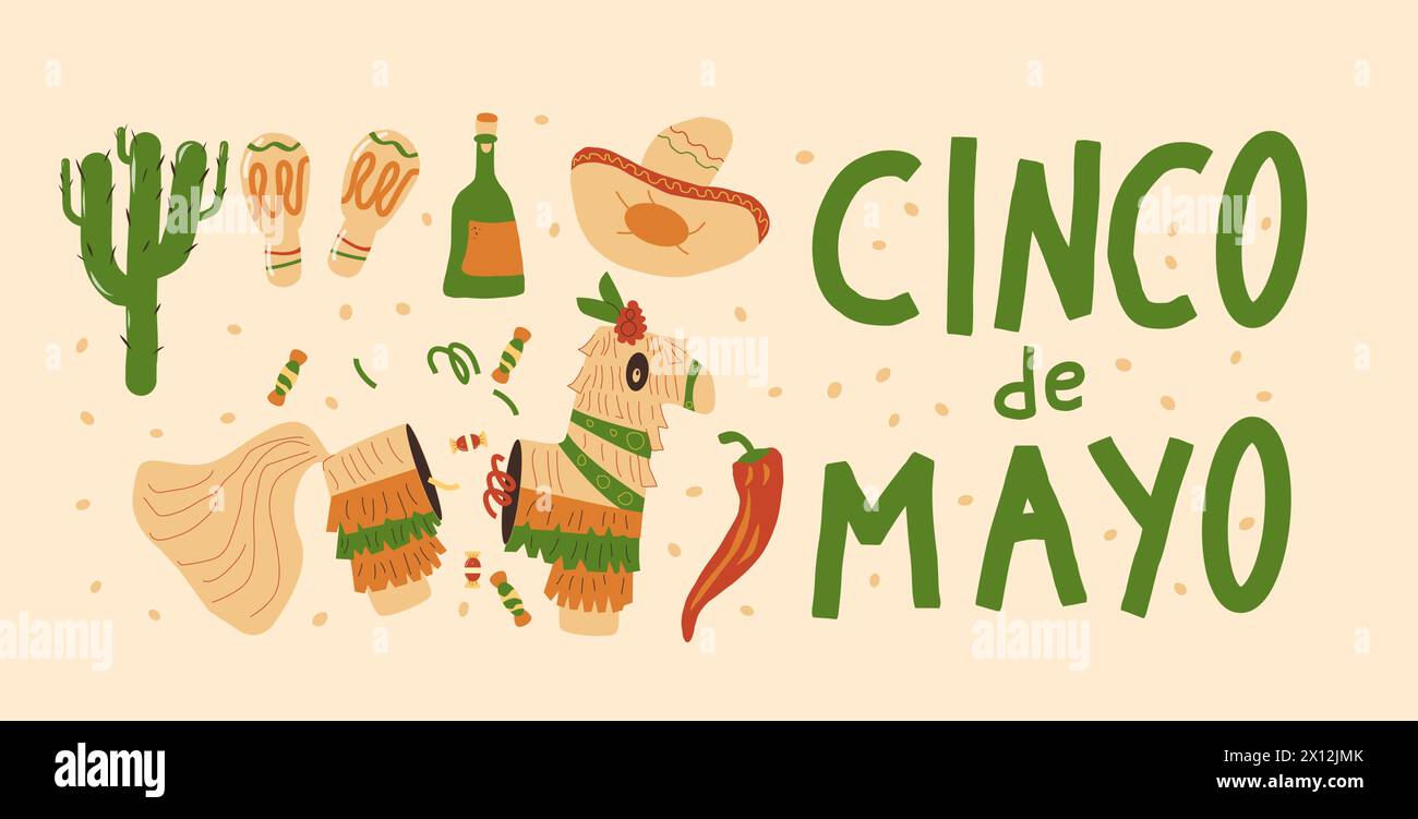 Cinco de Mayo banner template. Hand drawn lettering text and elements ...
