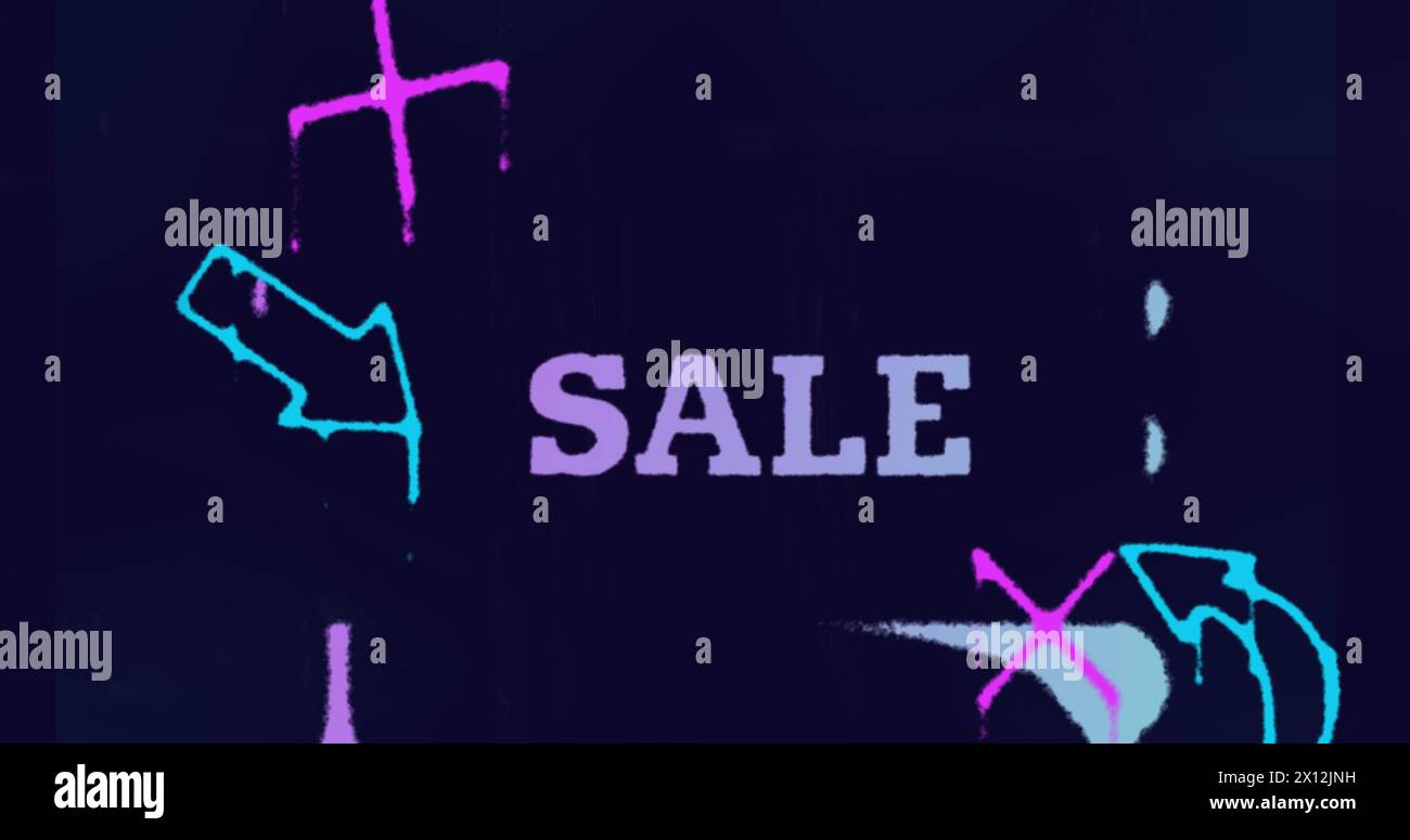 Image of sale text over icons on black background Stock Photo - Alamy