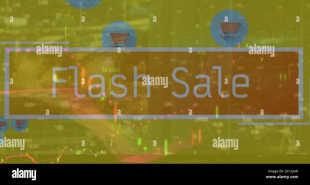 Image of data processing and flash sale text with icons over cityscape Stock Photo - Alamy