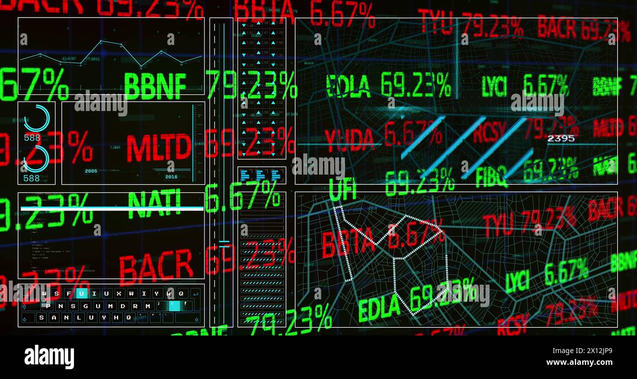 Image Of Trading Board Graph Loading Circles And Navigation Pattern Over Black Background 