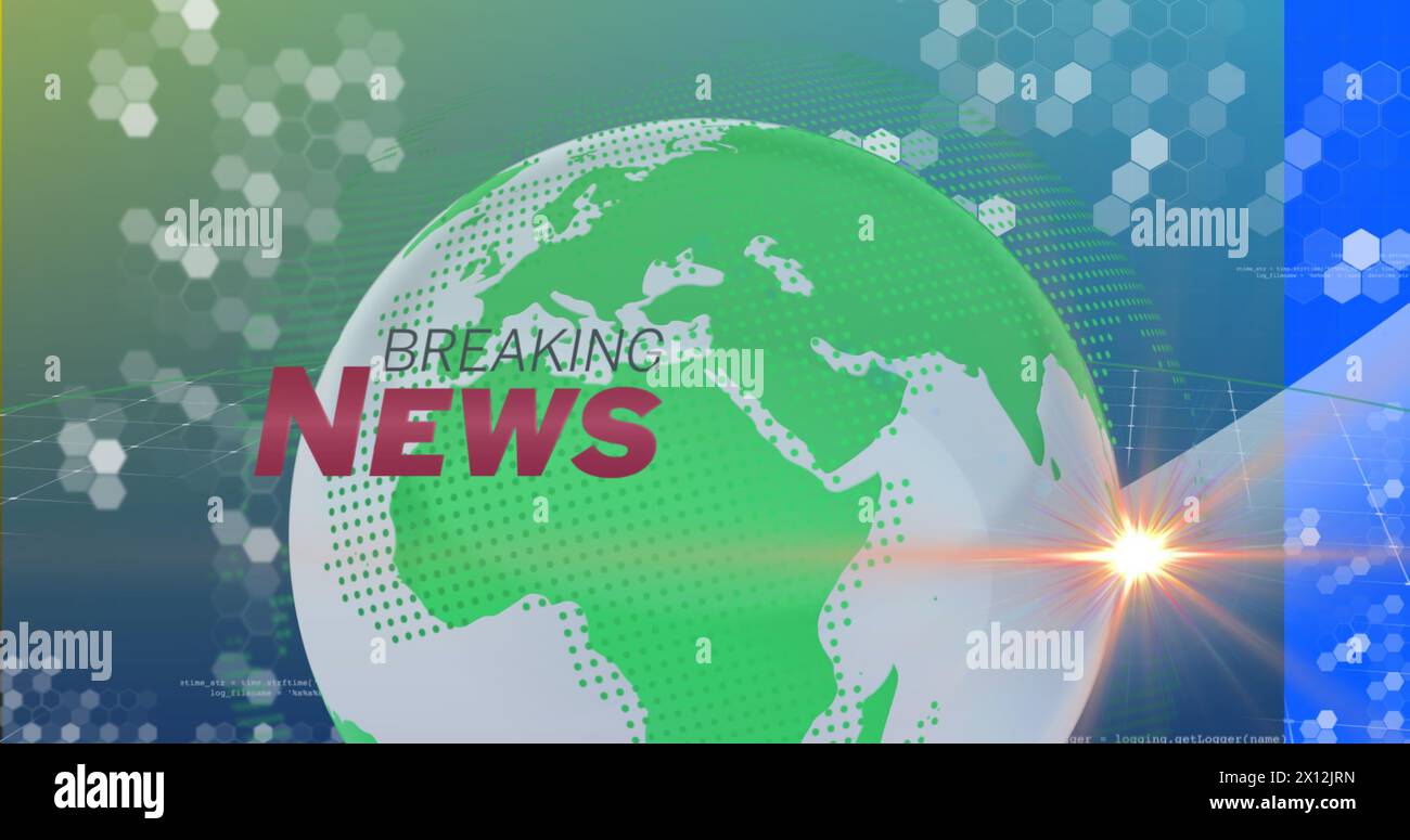 Image of light trails and globe with breaking news text over blue ...