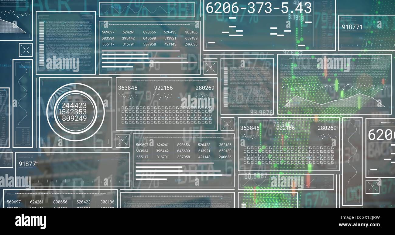 Image of infographic interface, dots forming graphs, trading board over abstract background ...