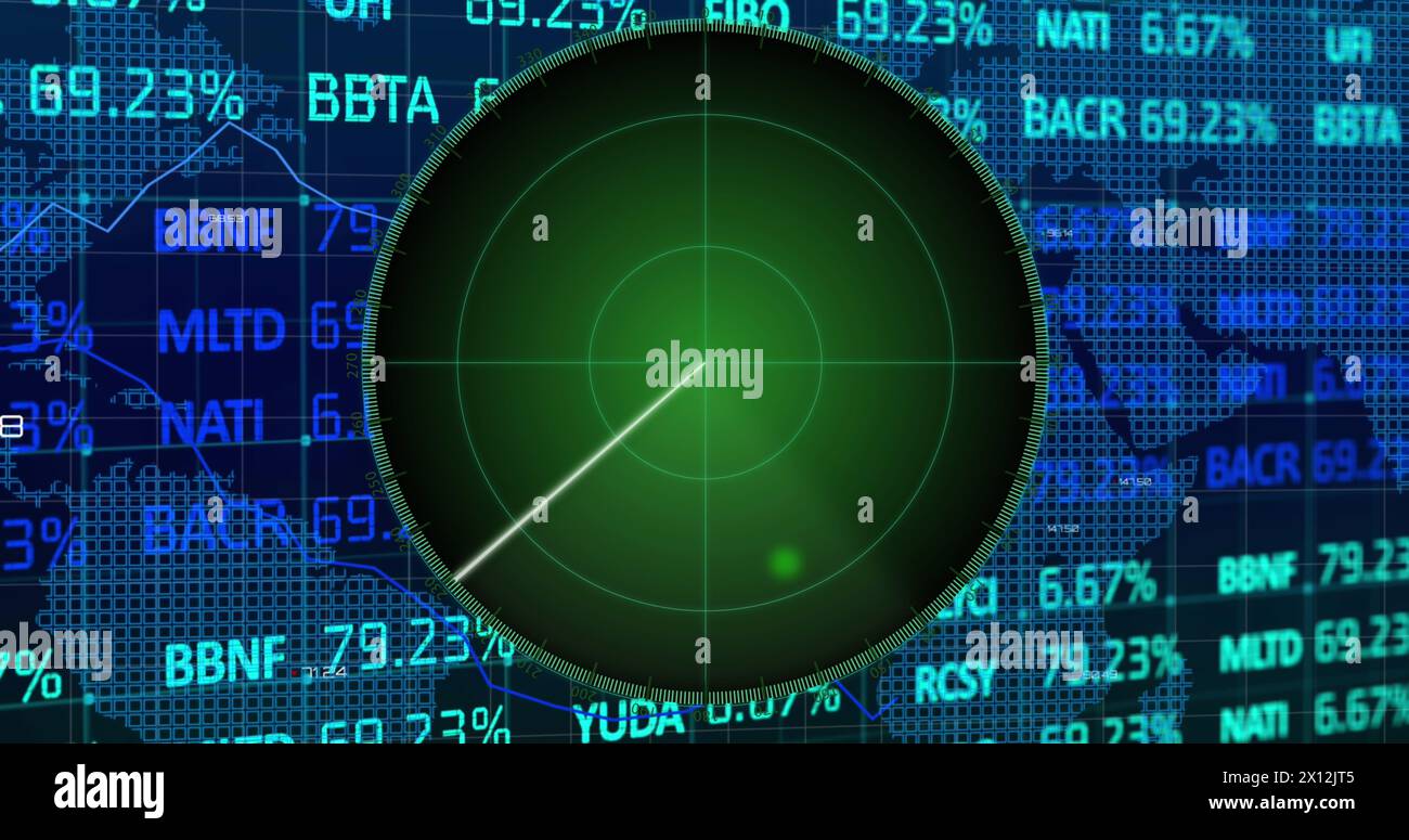Image of targets on radar screen over bar graph, squares forming maps ...