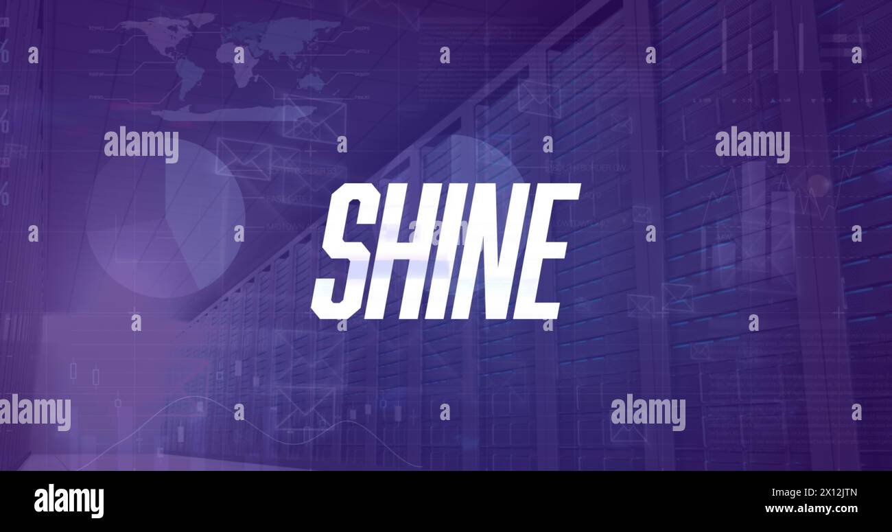 Image of shine text banner and statistical data processing against computer server room Stock ...