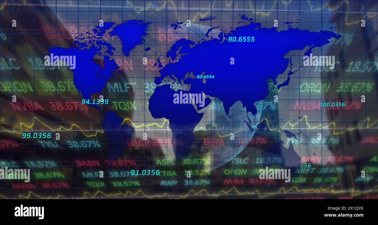 Image of lines on map over numbers and trading board against low angle ...