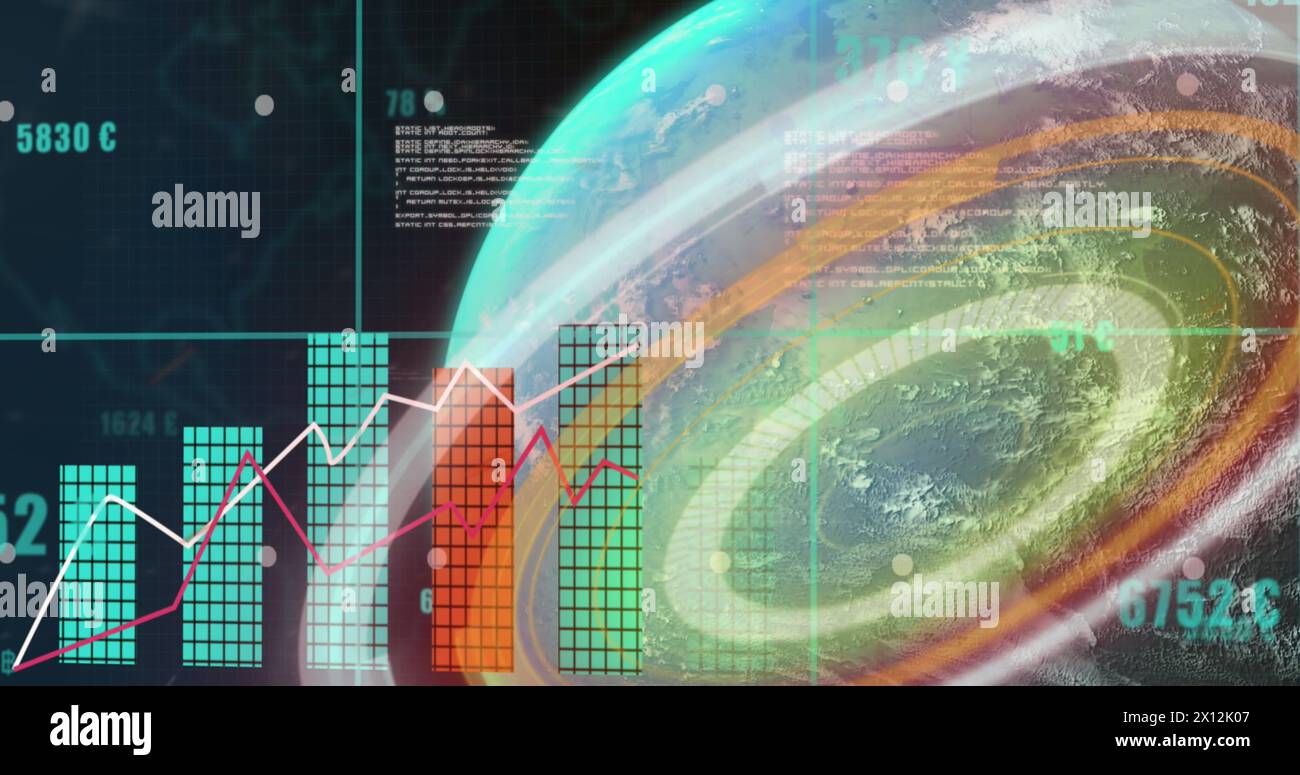 Image of graphs, data, numbers and globe on black background Stock ...