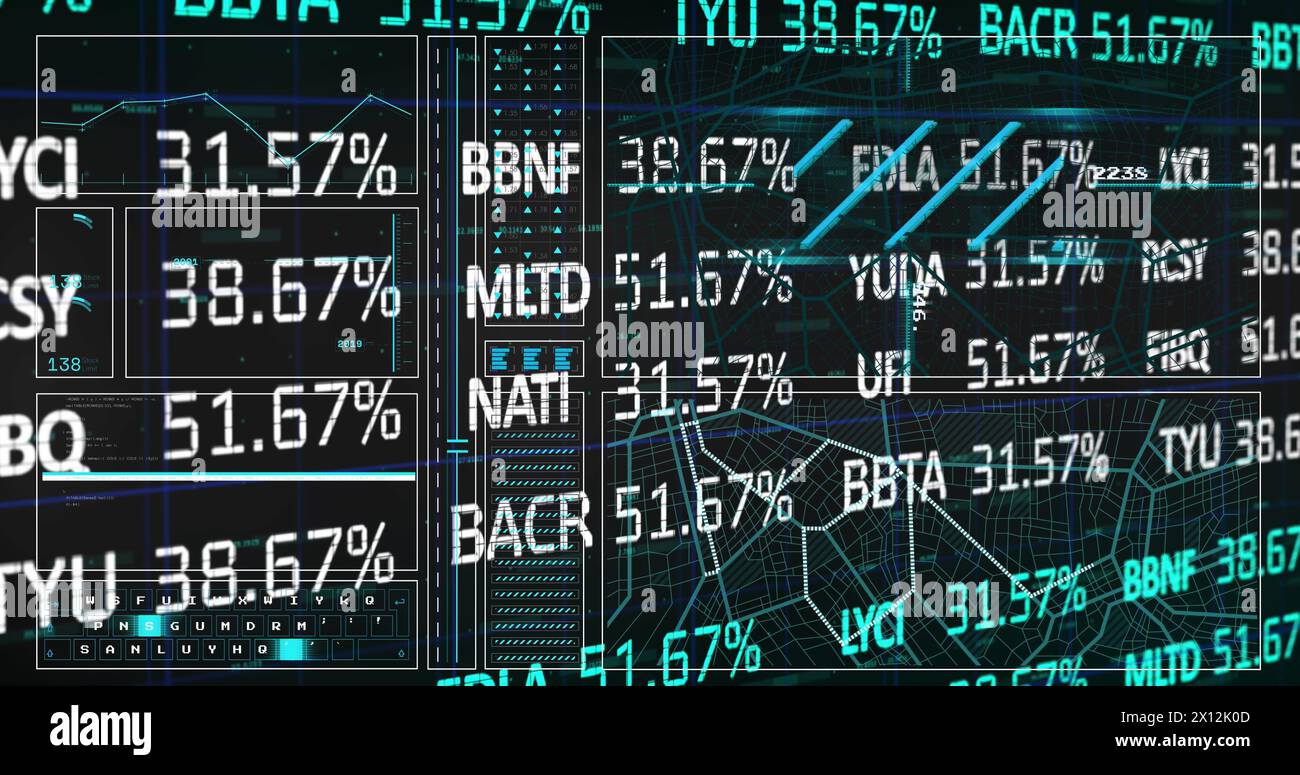 Image of trading board over lines, circles, keyboard, navigation ...