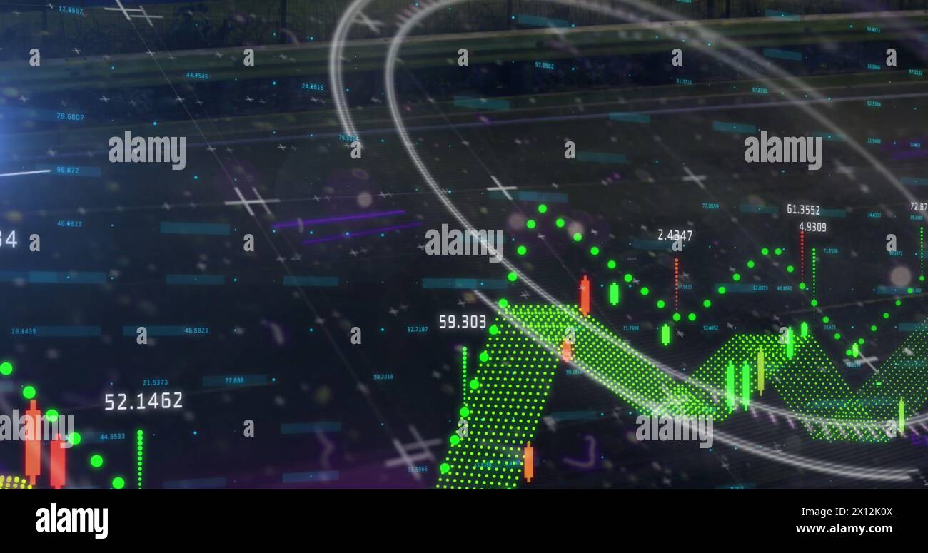 Image of glitch, processing circle and financial graphs and data on ...