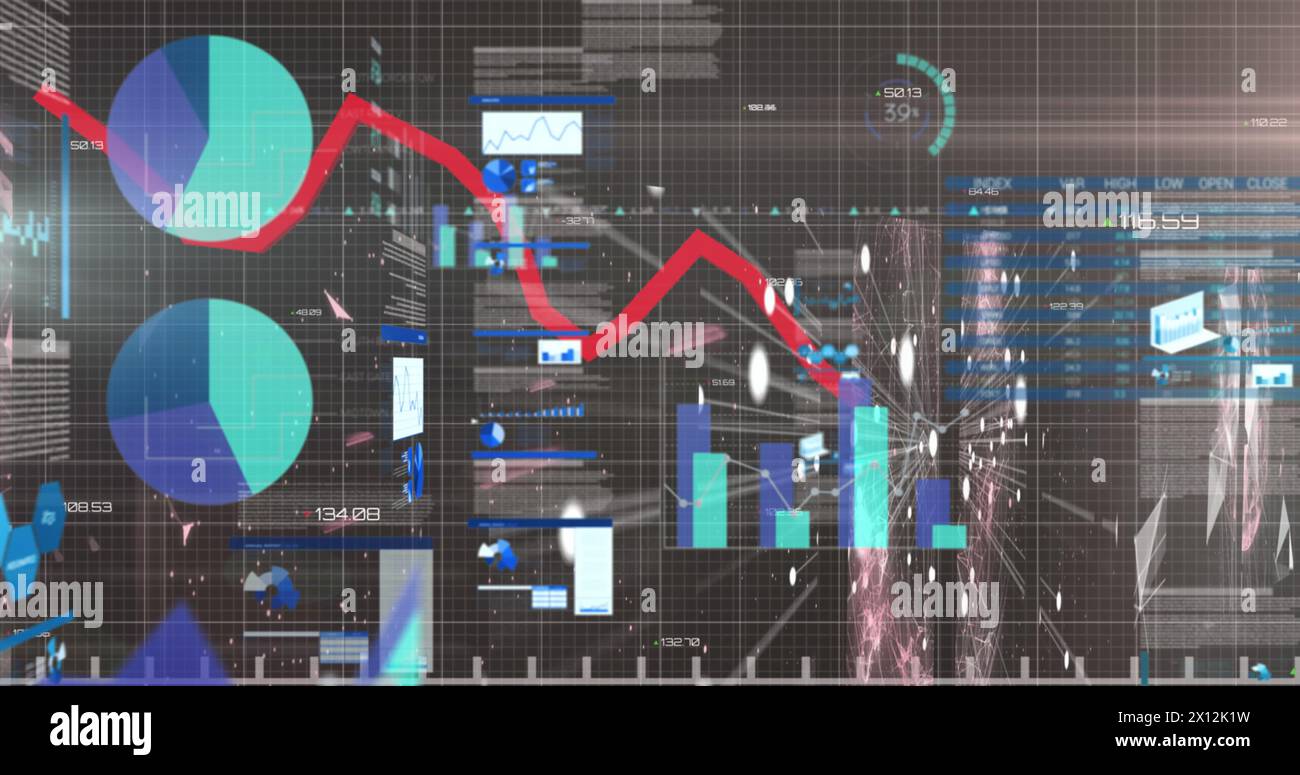 Image of multiple graphs with connected dots over infographic interface on grid pattern Stock ...