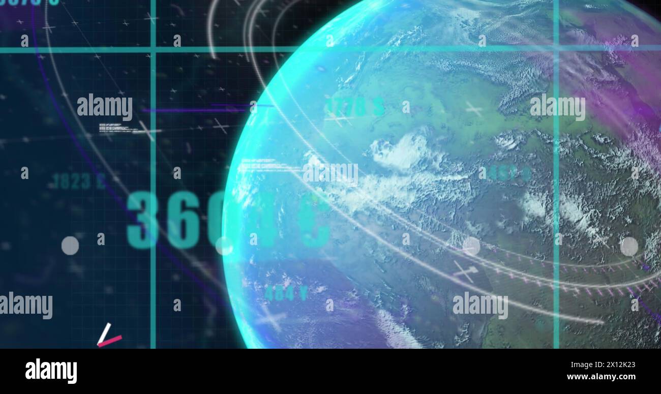 Image of globe, numbers, data, glitch and financial graphs on black ...