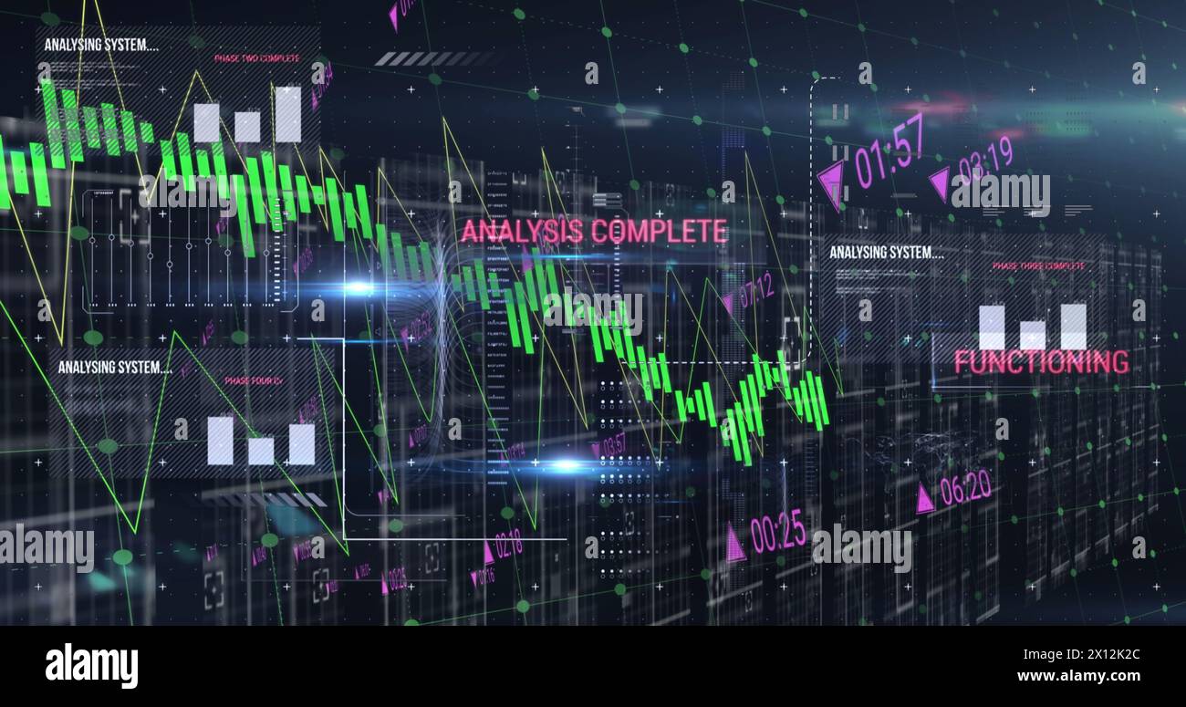 Image Of Multiple Texts Graphs And Lens Flares With Dots Against