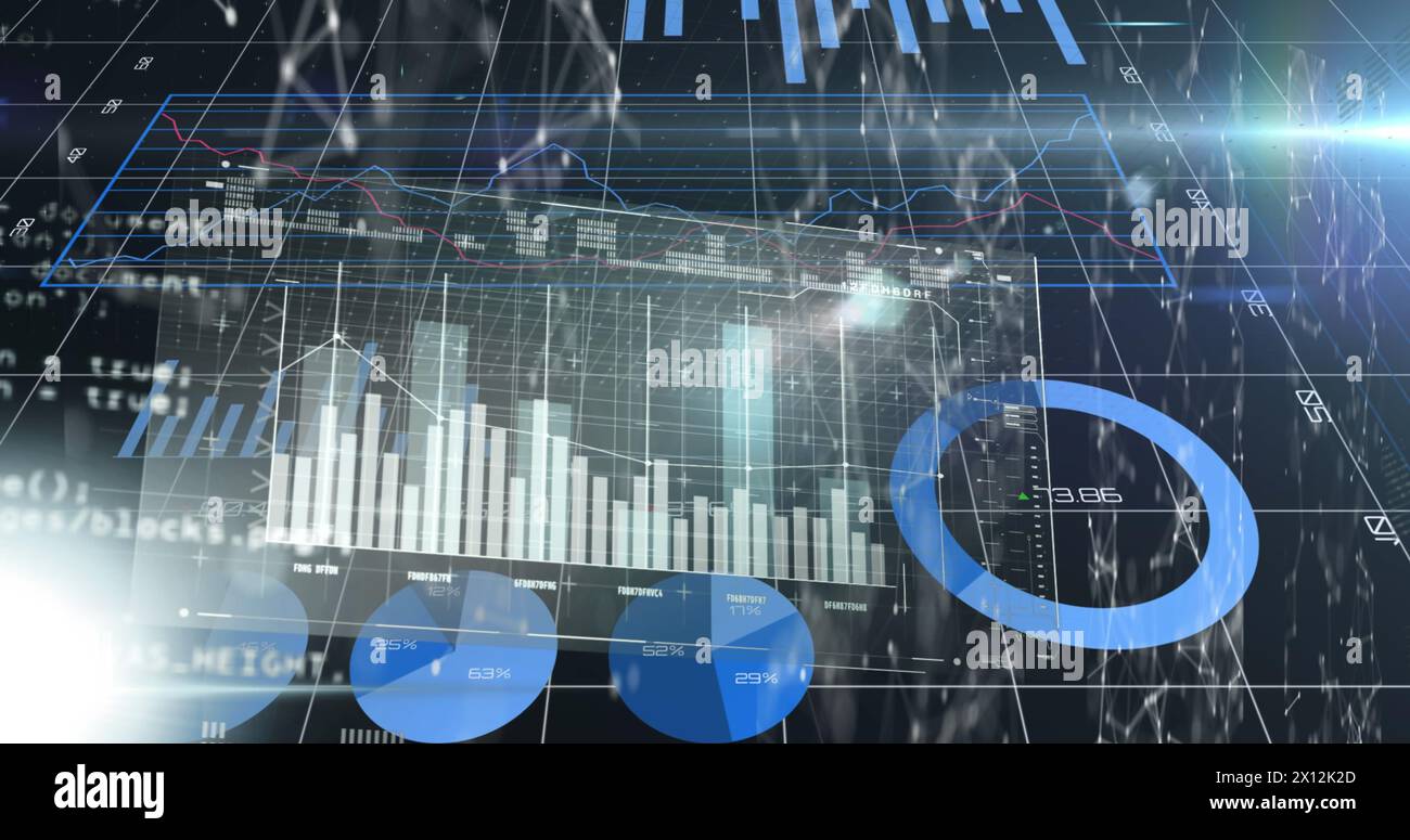 Image of infographic interface and lens flare over connected dots ...