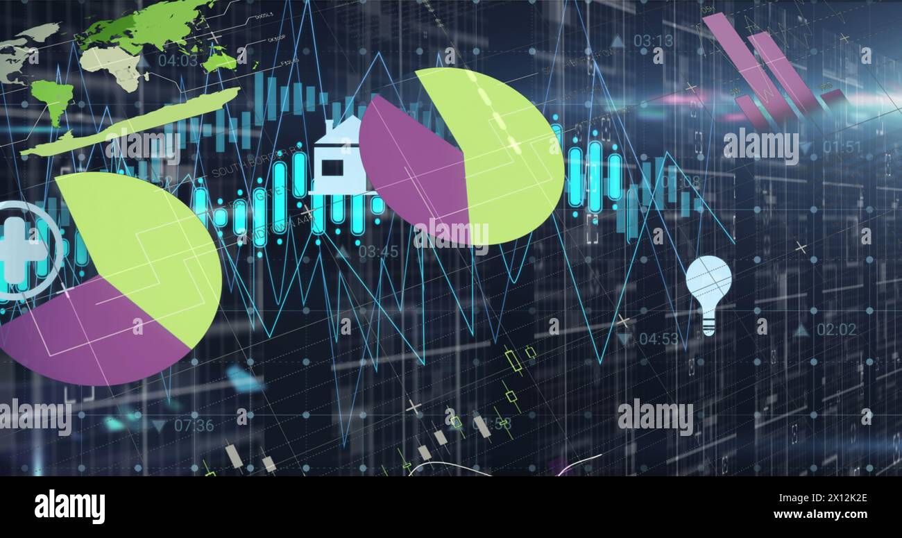 Image of floating icons, lens flare moving over infographic interface ...