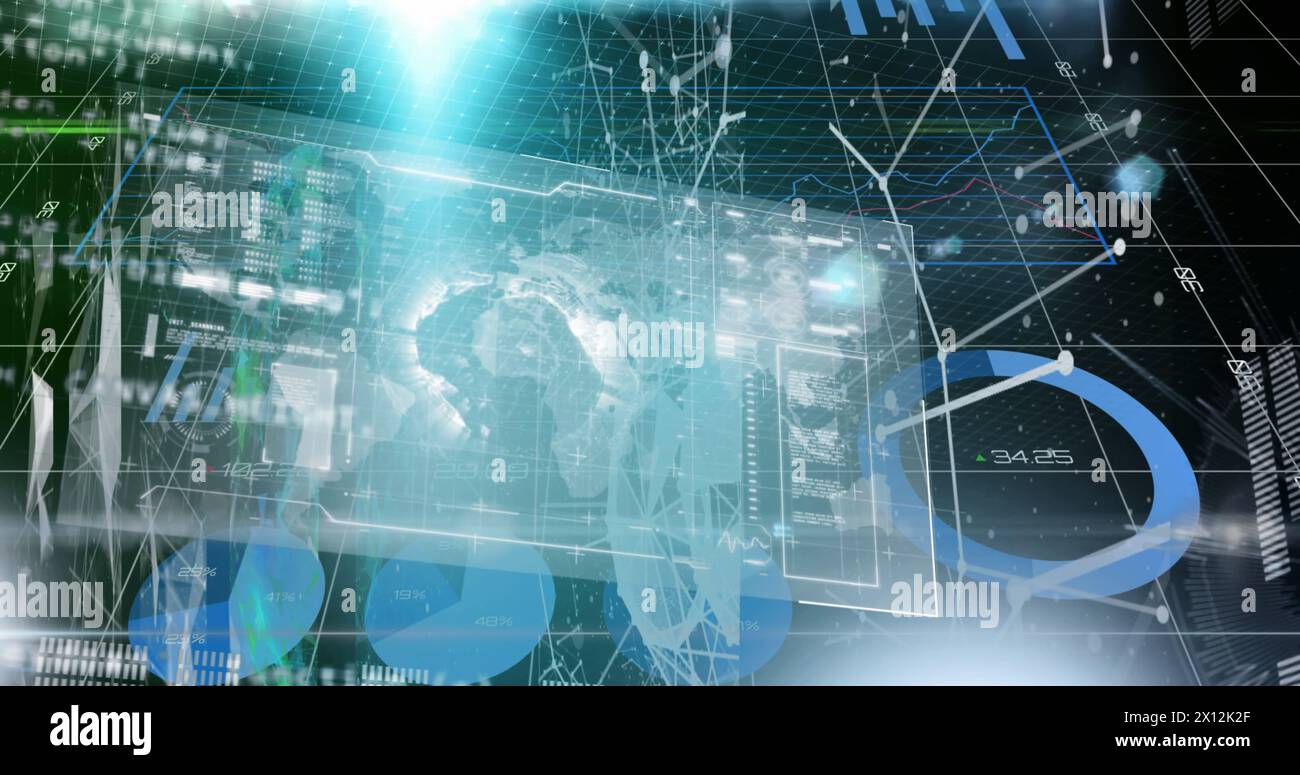 Image of hud screen, globe, graph, database and connected dots against ...