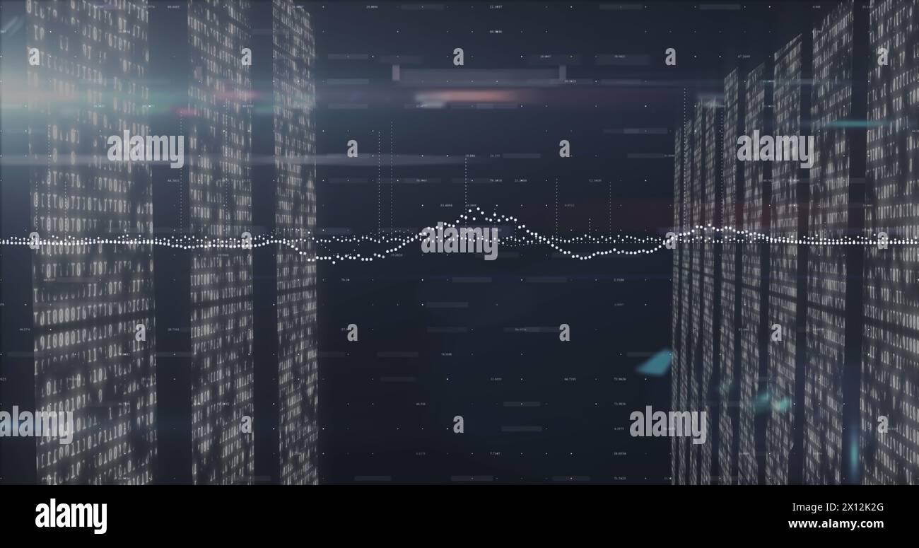 Image of data processing, light and financial graph on black background ...