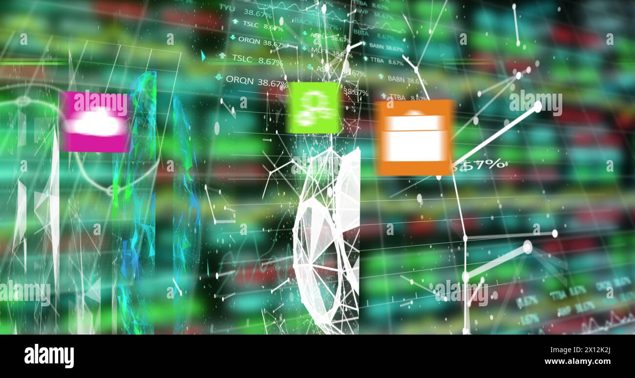 Image of icons, connected dots forming geometric shapes and globe over trading board. Digitally ...