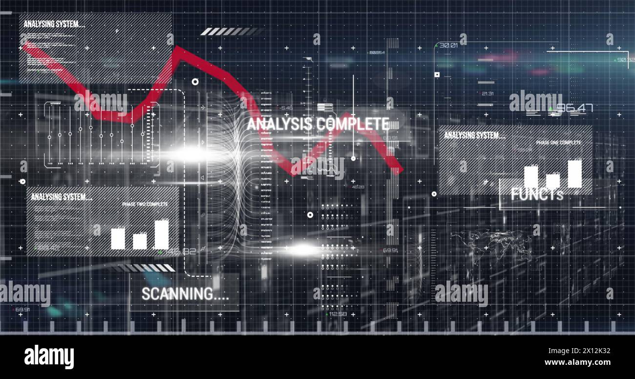 Image of red graph over hud interface and lens flare against abstract ...