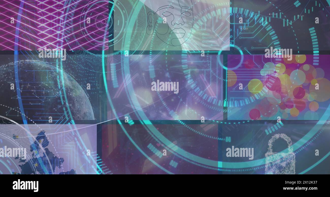 Image of neon round scanner over multiple screens with data processing against neon tunnel Stock ...