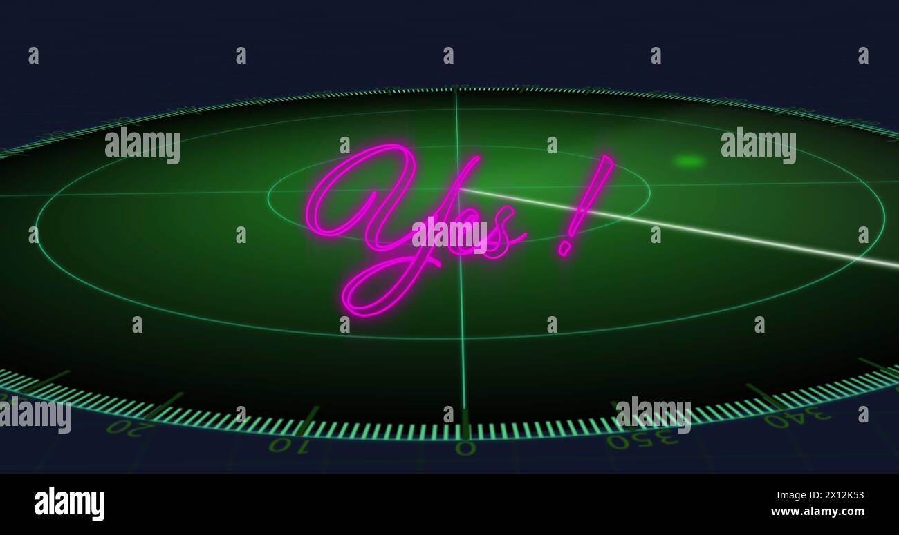 Image of neon purple yes text banner over green round scanner against ...
