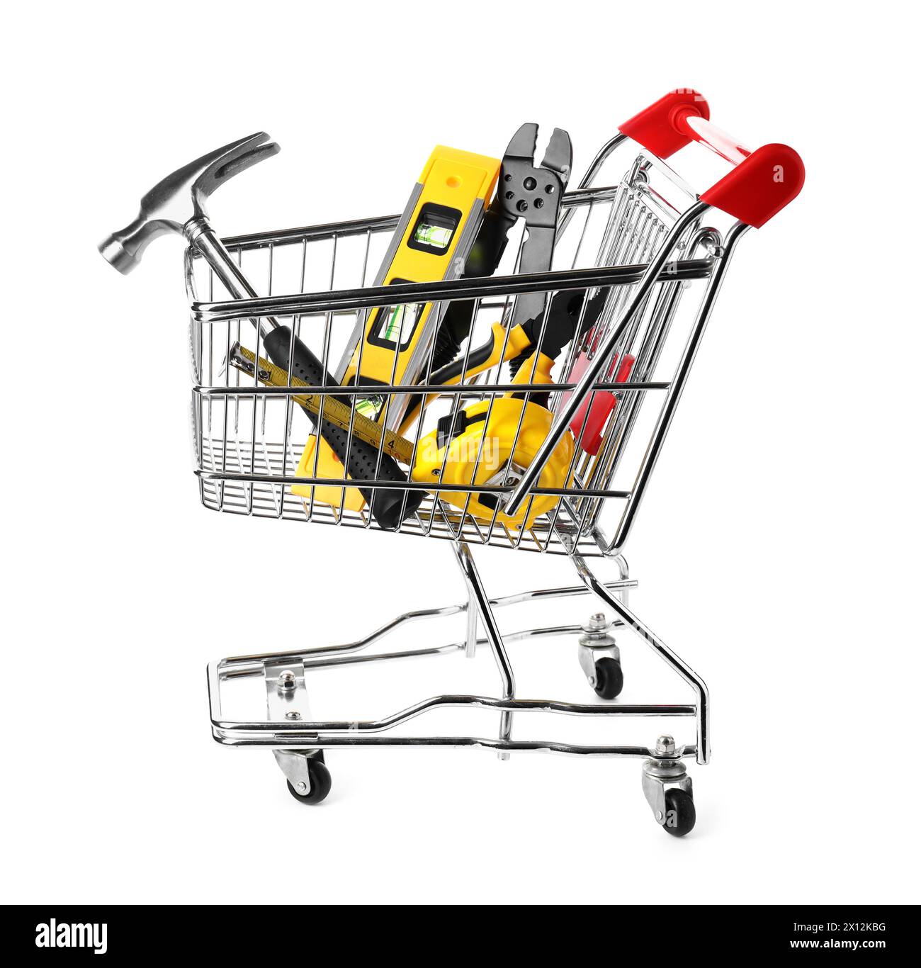 Small shopping cart with set of construction tools isolated on white ...