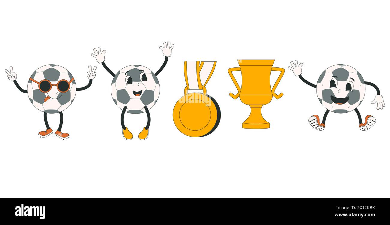 Football ball cartoon characters. Soccer retro mascots set. Rubber hose ...