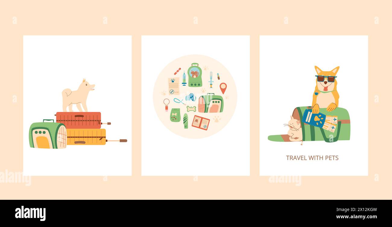 Travel with pets greeting card set. Tourism accessories and sight with ...