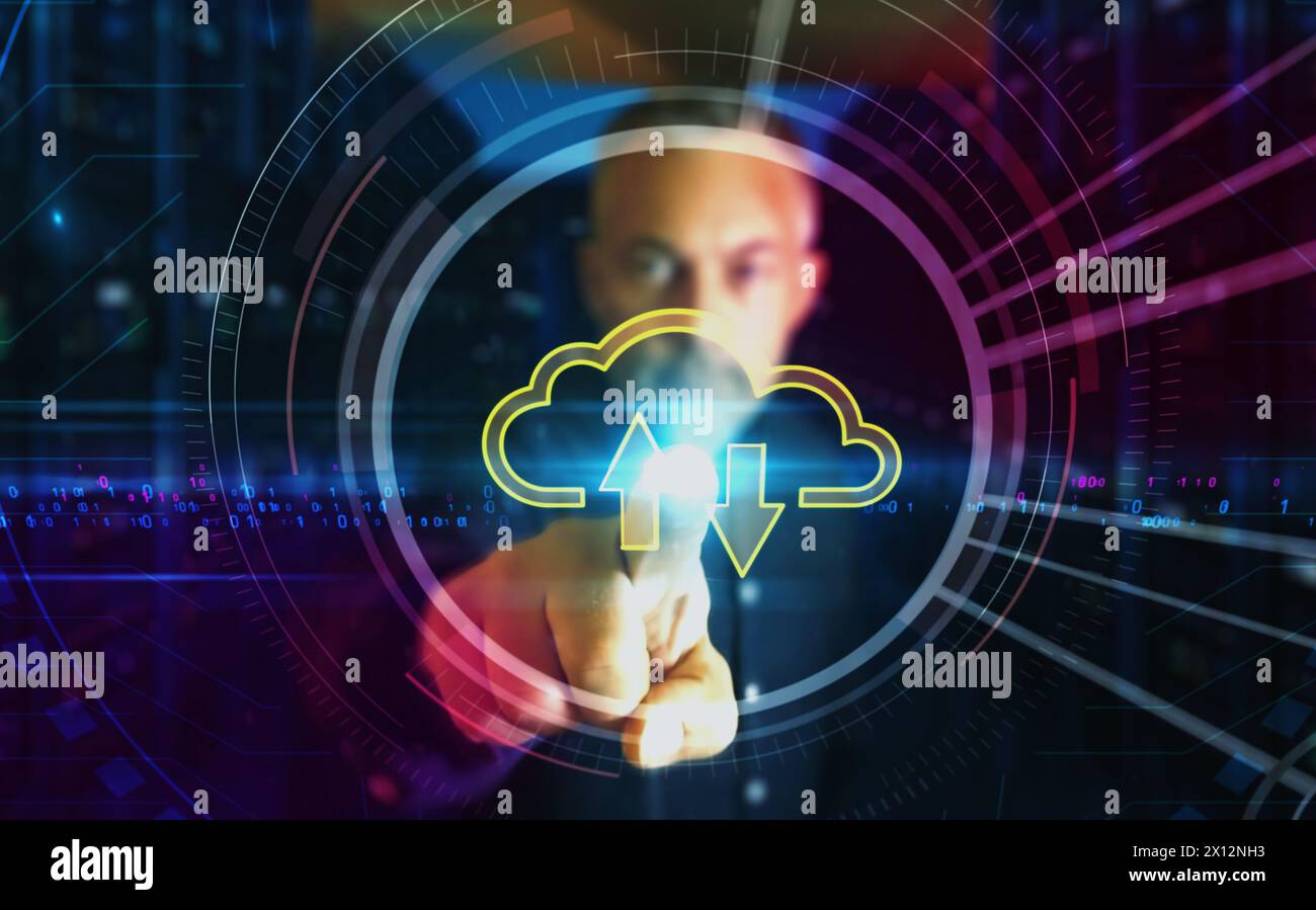 Cloud computing server mobile access storage digital symbol. Finger ...