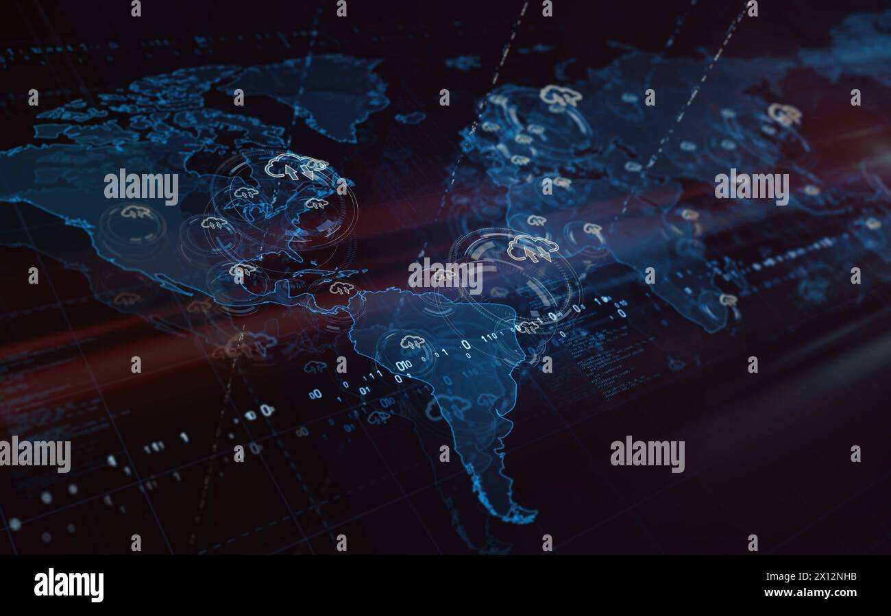 Cloud Computing Server Mobile Access Storage Symbols Over World Map Technology Concept 3d