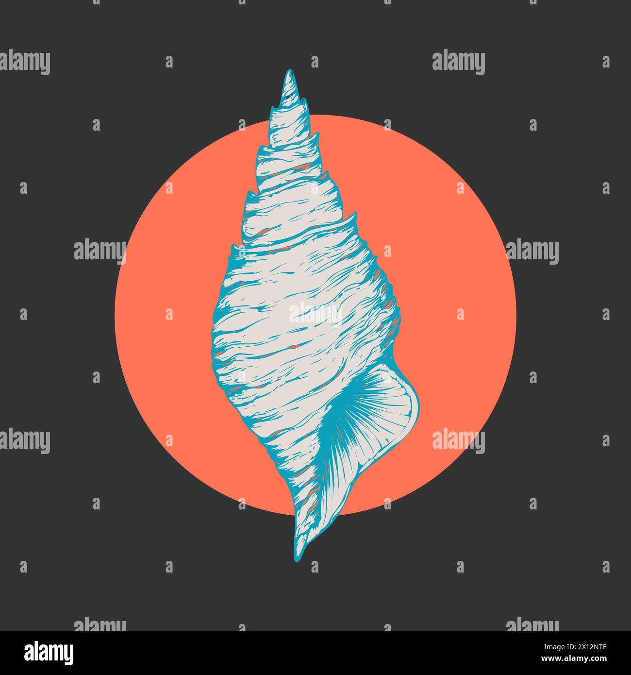 Seashell cone is hand drawn in stylized silhouette on red circle, round ...