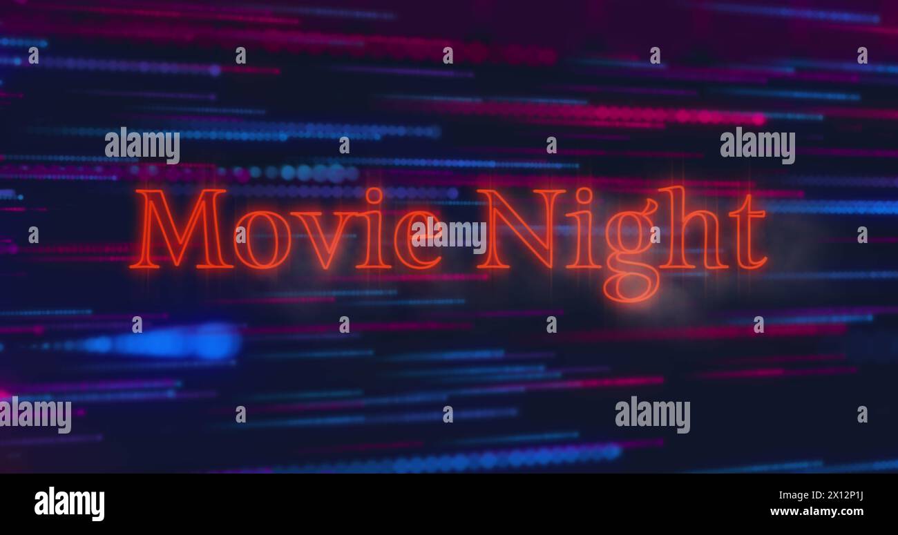 Image of neon orange movie night text banner over colorful light trails ...