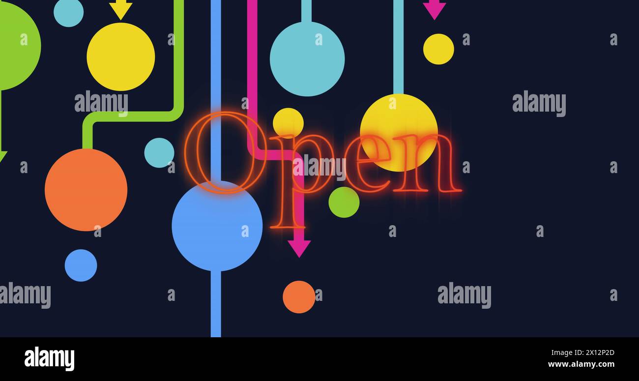 Image of neon red open text banner over colorful network of connections ...