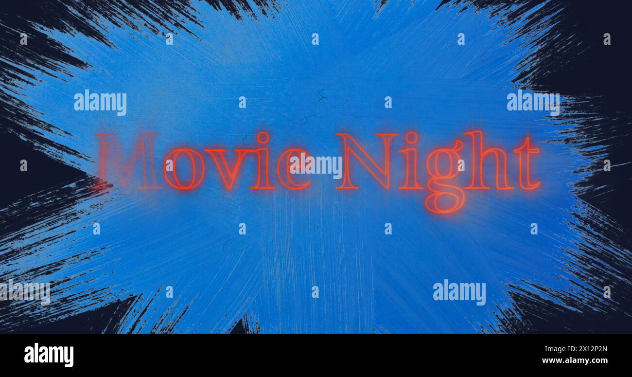 Image of neon orange movie night text over blue banner against black ...