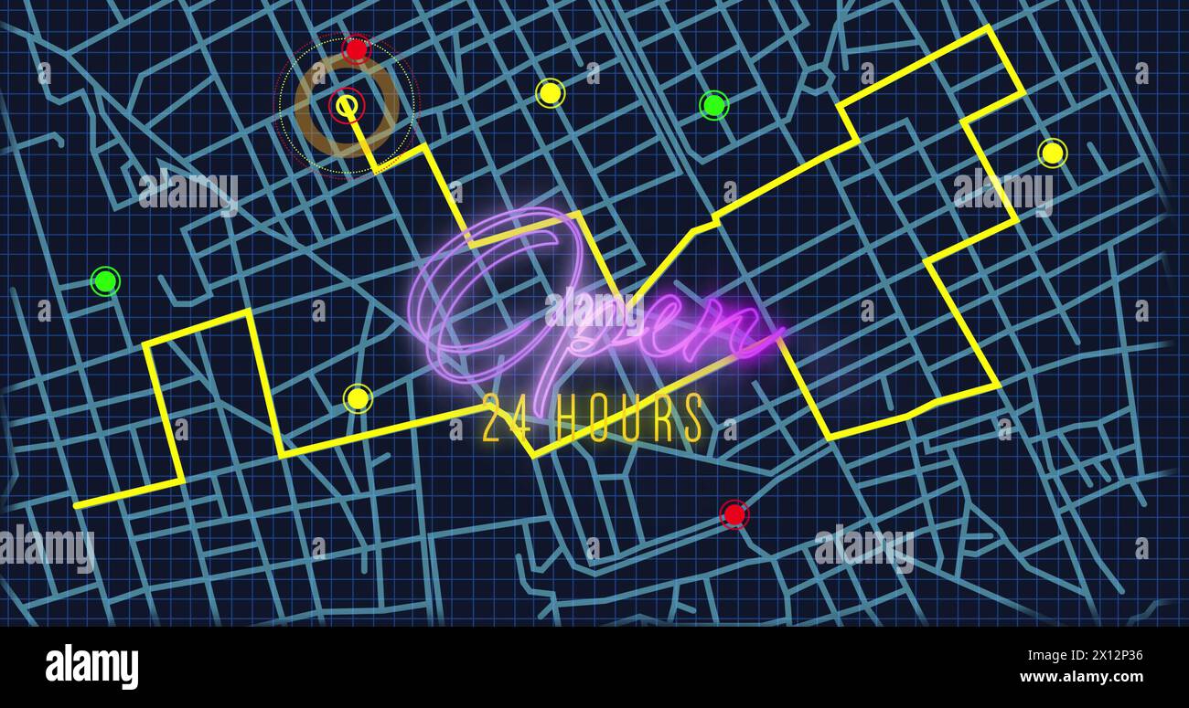 Image of neon purple open 24 hours text banner over gps navigation map ...