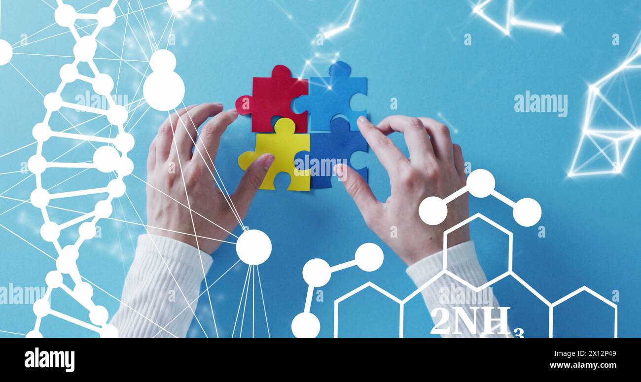 Image of dna strand and chemical formula over hands holding puzzle pieces on blue background ...