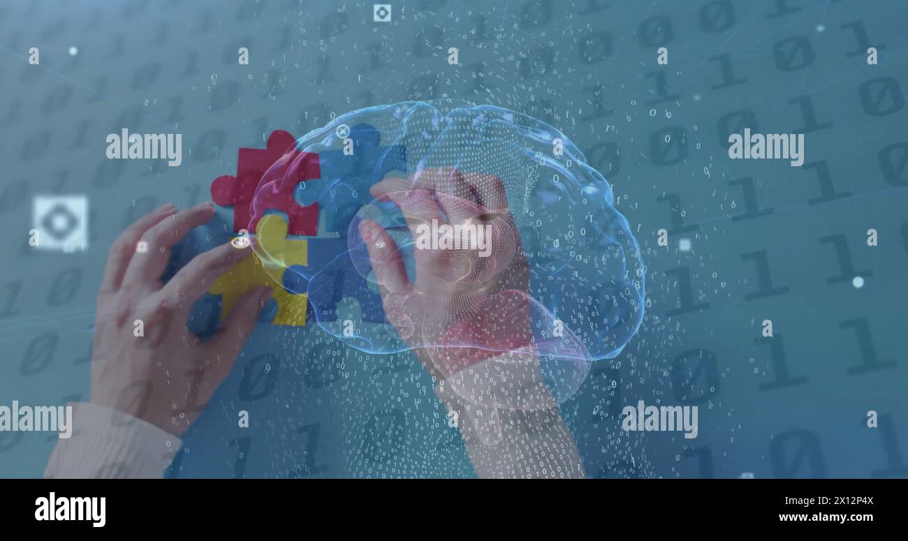 Image of digital brain and data processing over hands holding puzzle ...