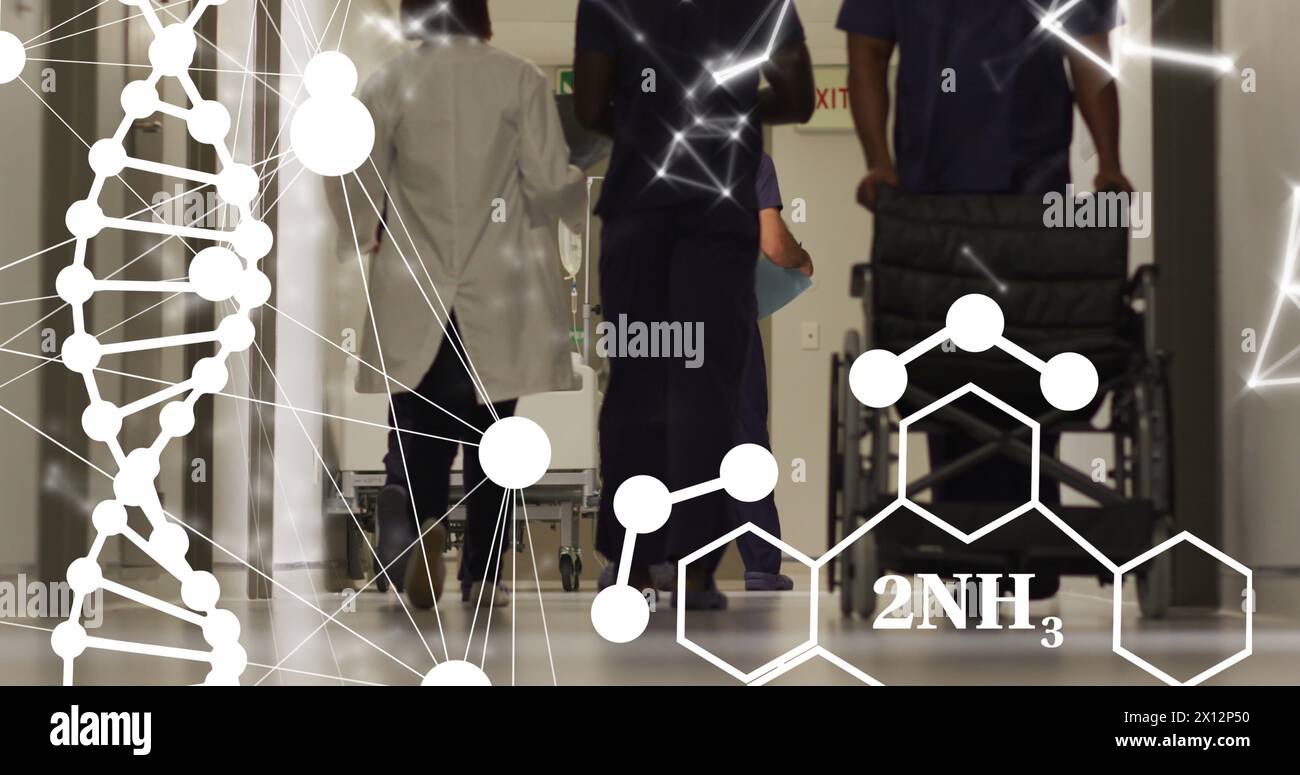 Image of dna strand and chemical formula over diverse doctors at ...