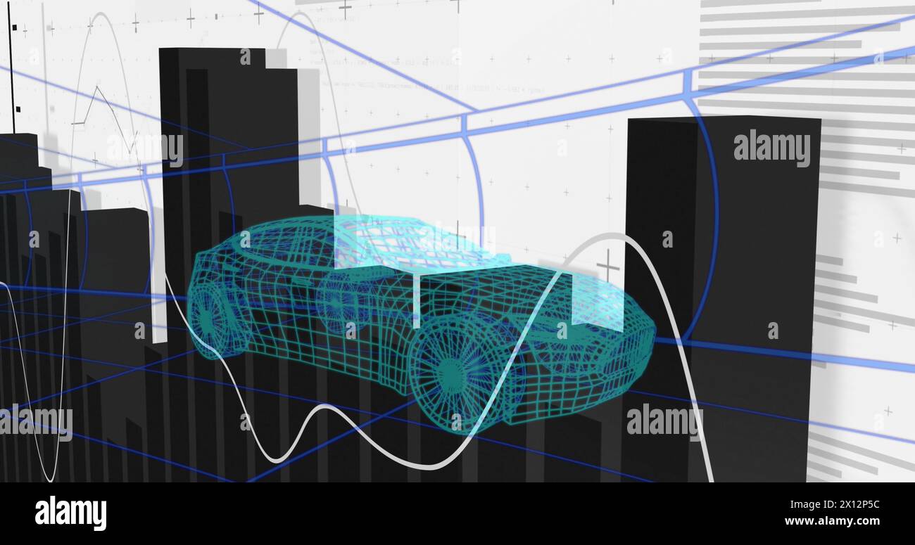 Image of financial data processing over digital car on white background ...